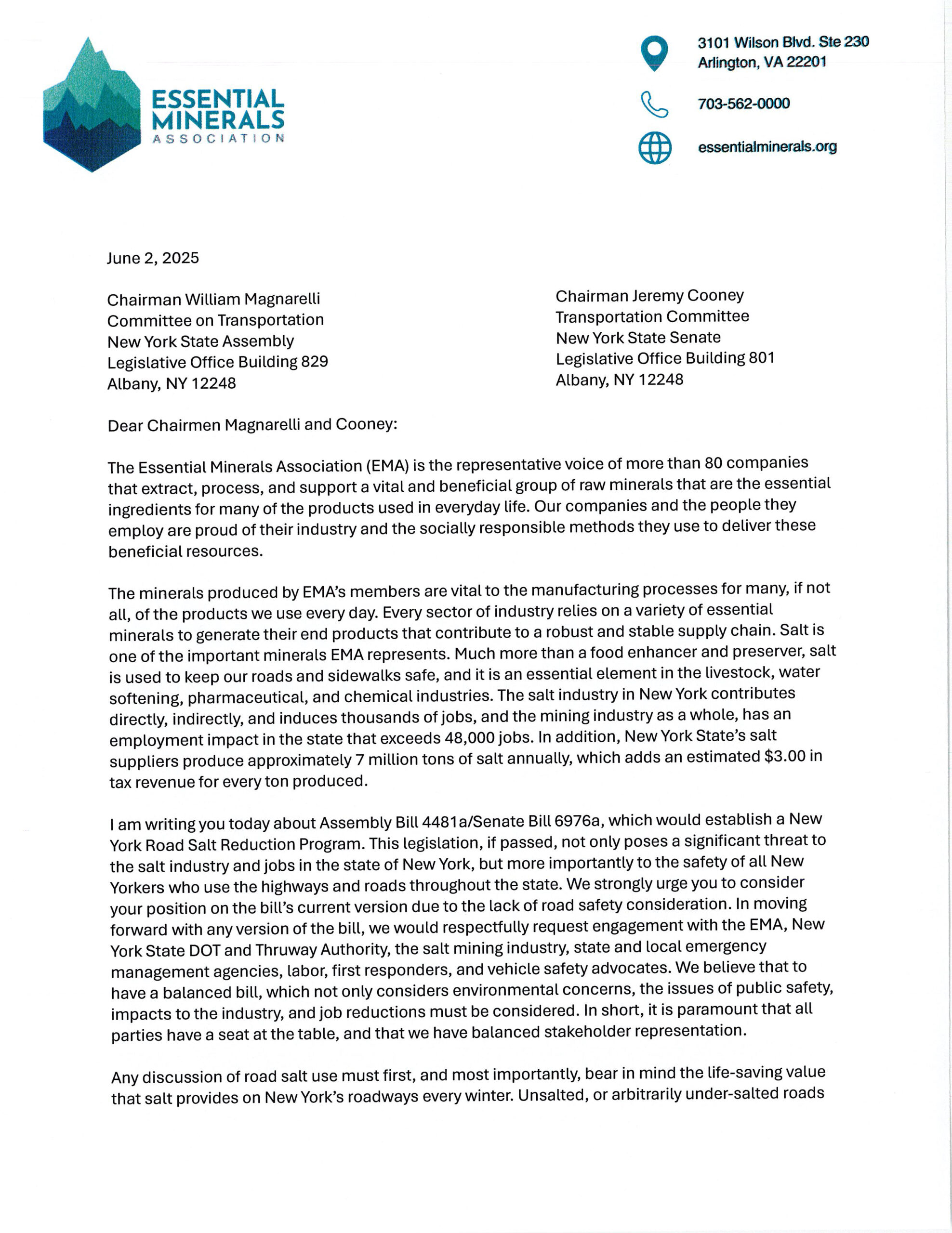 Essential Minerals Letter re-Assembly Bill 4481-A NY Road Salt ...